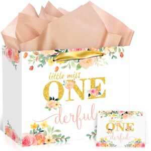 baby girl 1st birthday gift bag little miss onederful gift bag with greeting card and tissue papers floral one birthday wrapping paper bag for girls newborn baby shower christmas first birthday party