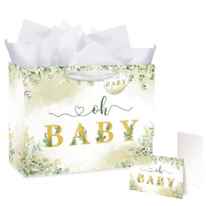 mpanwen 16" large sage green baby gift bag, baby gift bag for girl boy with tissue papers and card