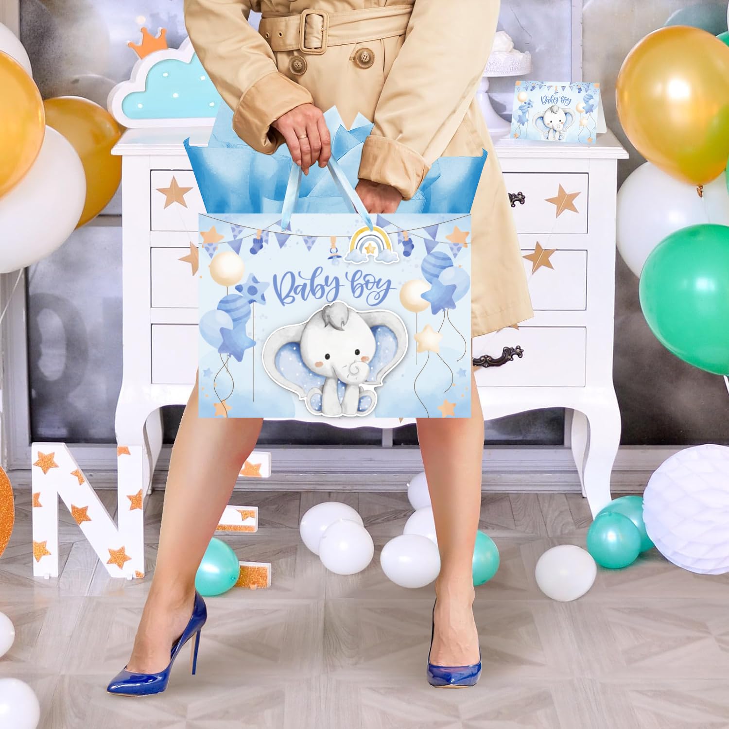 Mpanwen 16" Large Baby Boy Gift Bag for Boy, 3D Making Blue Elephant Theme Baby Gift Bag with Tissue Paper and Greeting Card