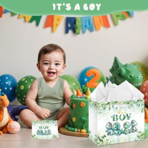 Baby Shower Decoration Gift Bags for Boys It's a BOY Dinosaur Gift Bag with Greeting Card and Tissue Paper for Baby Shower Birthday Wrapping Paper Bag for Newborn Dinosaur Birthday Party Supplies