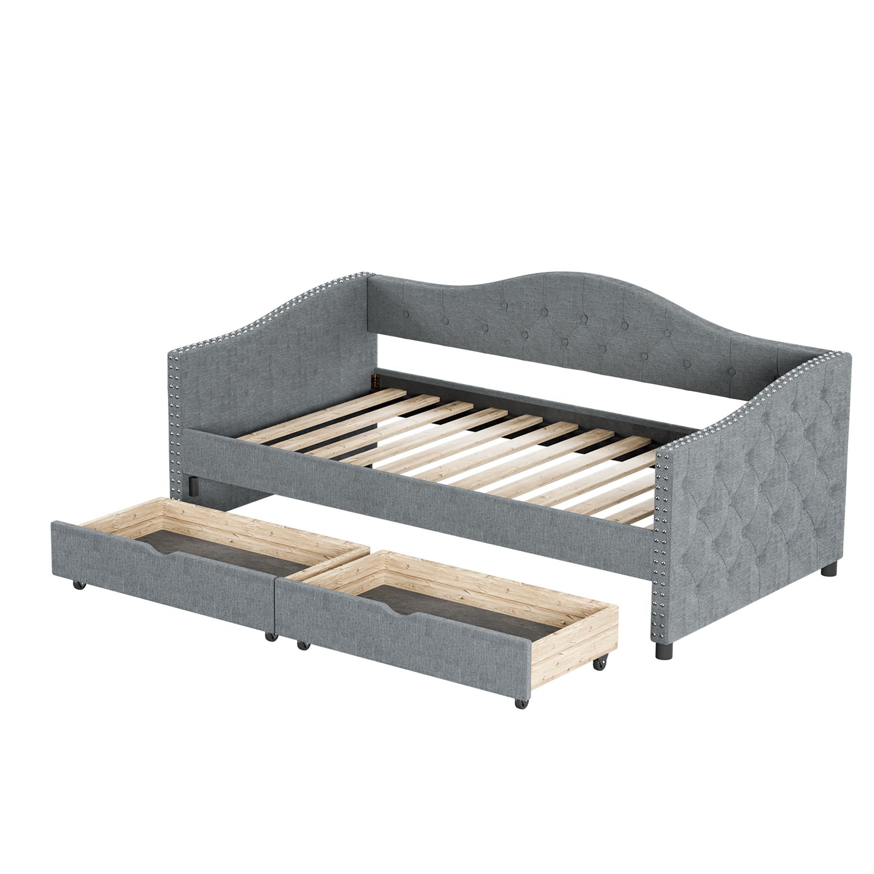 ONEMMLION Daybed with 2 Storage Drawers, Upholstered Button Tufted Twin Size Daybed Frame in Linen Fabric for Bedroom Guest Room, Grey