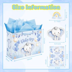 Mpanwen 16" Large Baby Boy Gift Bag for Boy, 3D Making Blue Elephant Theme Baby Gift Bag with Tissue Paper and Greeting Card