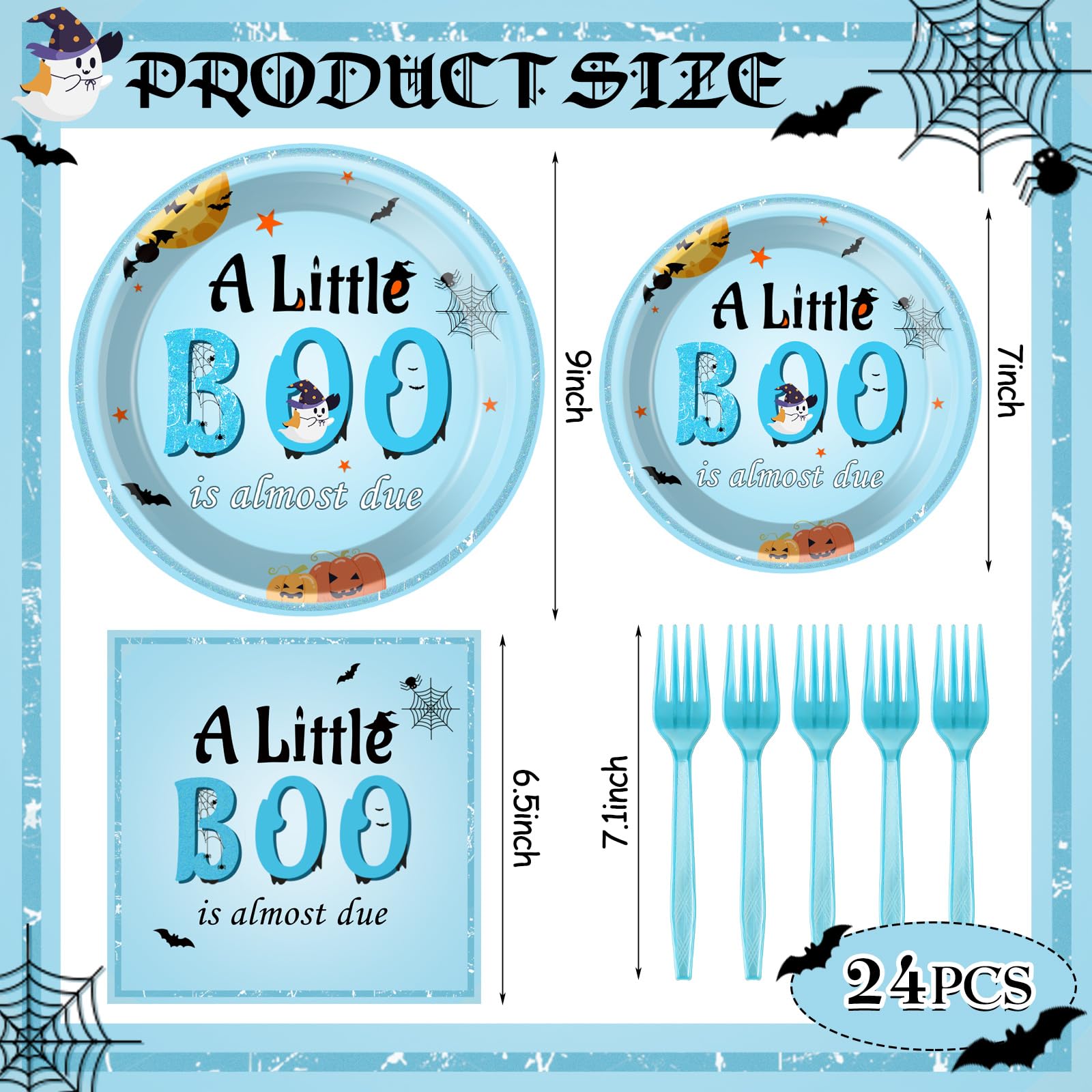 Havawish 96 Pcs Little Boo Is Almost Due Decorations Halloween Baby Shower Tableware Party Supplies Ghost Paper Plates Napkins Forks Set for Halloween Themed Baby Shower Party Favor (Blue,Classic)