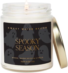 sweet water decor halloween candle - scented candle with wood, warm spice, and citrus scents - decorative candle with 40 hours burn time - perfect spooky candles gift - patterned jar candle 9oz