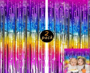 masxkle 2 pack (3.3x6.6ft) sparkling neon rainbow party decorations rainbow foil fringe curtain backdrop for birthday wedding engagement bridal shower cartoon party decorations