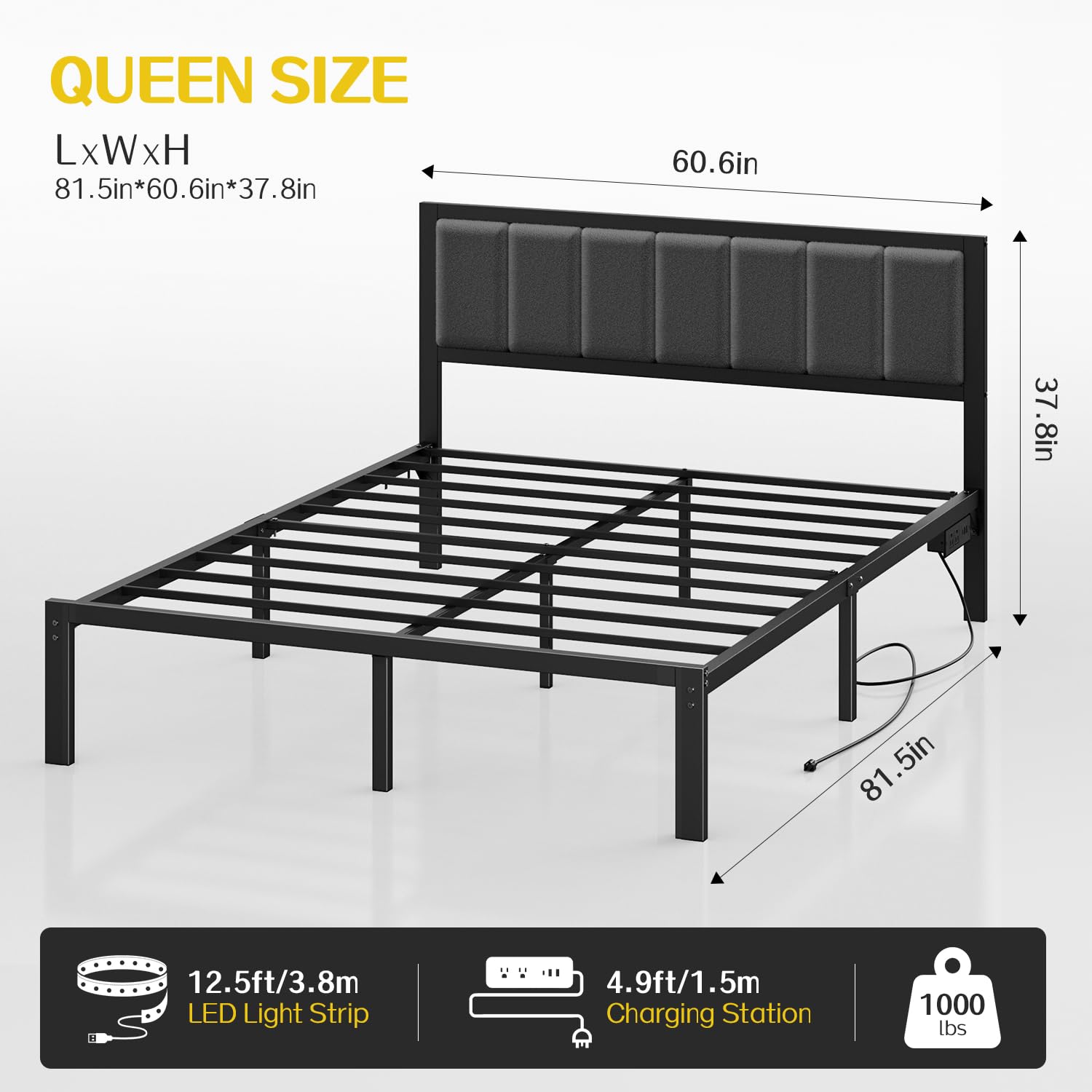 OLEVS Queen Bed Frame with Headboard Metal Platform Bed Queen Size with USB Charging Station and LED Lights, No Box Spring Needed