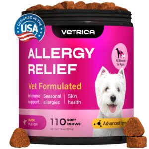 vetrica dog allergy relief chews - dog itch relief - quercetin, turmeric - immune supplement for dogs - skin & coat