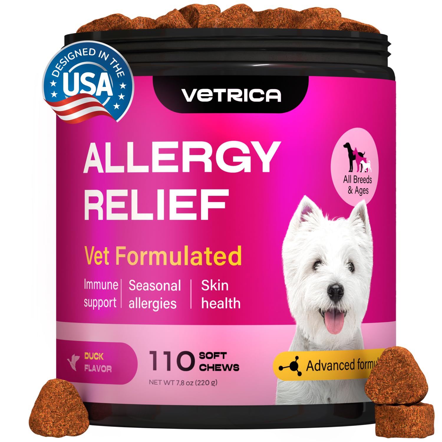 Vetrica Dog Allergy Relief Chews - Dog Itch Relief - Quercetin, Turmeric - Immune Supplement for Dogs - Skin & Coat