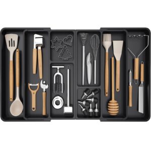 lifewit large utensil organizer for kitchen drawer, expandable to 36 inches wide, adjustable cooking silverware tray, plastic cutlery flatware holder, spatula tools and gadgets storage divider, black