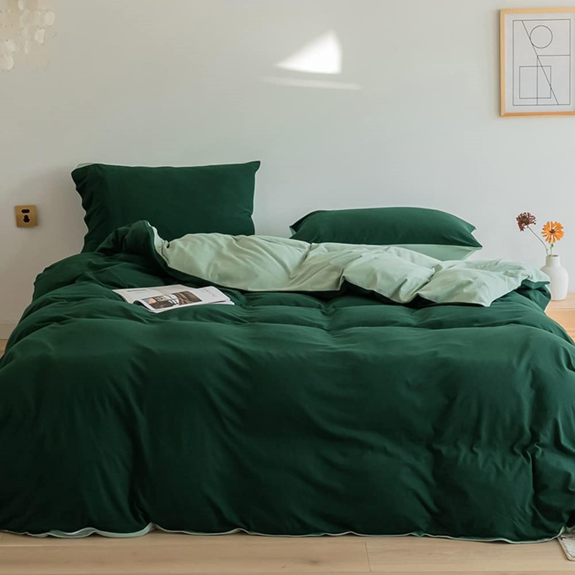 Magic bedding 100% Pure Cotton Bedding Set Cotton Duvet Cover Twin/Full Boho Bedding Soft Cotton Dual Color Bedding Set Forest Green & Sage Green Quilt Uo Bedding Cover (King 90X104)