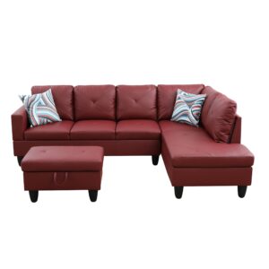 Dyncan 3-Piece Faux Leather Sectional Couch, Modern 5 Seater Corner Sofa Upholstered Modular Sofas with Chaise Lounge and Storage Ottoman, Large L-Shaped Living Room Sets w/Right Armrest (Red)