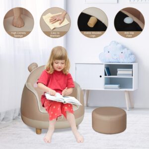 Kinpaw Kids Sofa Chair w/Ottoman, Children Leather Chair, Cartoon Themed Child Upholstered Armchair, Toddler Lounge Sofa Recliner for Nursery School Game Room Kindergarten, Bear