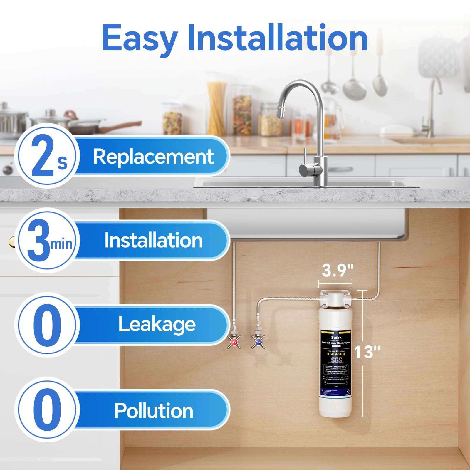 Stokk UC50 Under Sink Water Filter, Reduces Lead, Chlorine, Bad Taste & Odor, 26000 Gallons Under Counter Water Filter Systems Direct Connect to Kitchen Faucet, NSF/ANSI 372& 42& 53