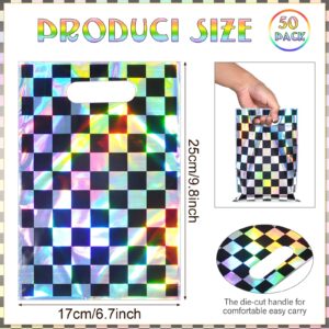 50 Pcs Iridescent Checkered Race Car Party Favor Bags, Plastic Black and Iridescent Car Goodie Treat Bags, Racecar Laser Plaid Candy Gift Bags for Kids Fast Race Car Birthday Party Decorations