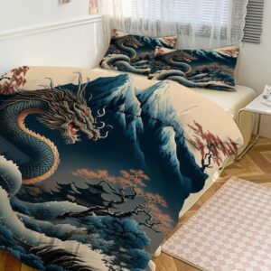 msshukytt vintage japanese mount fuji duvet cover set 3 piece queen size,cool dragon nature landscape japan great wave cabin duvet cover 2 pillowcases(no insert)