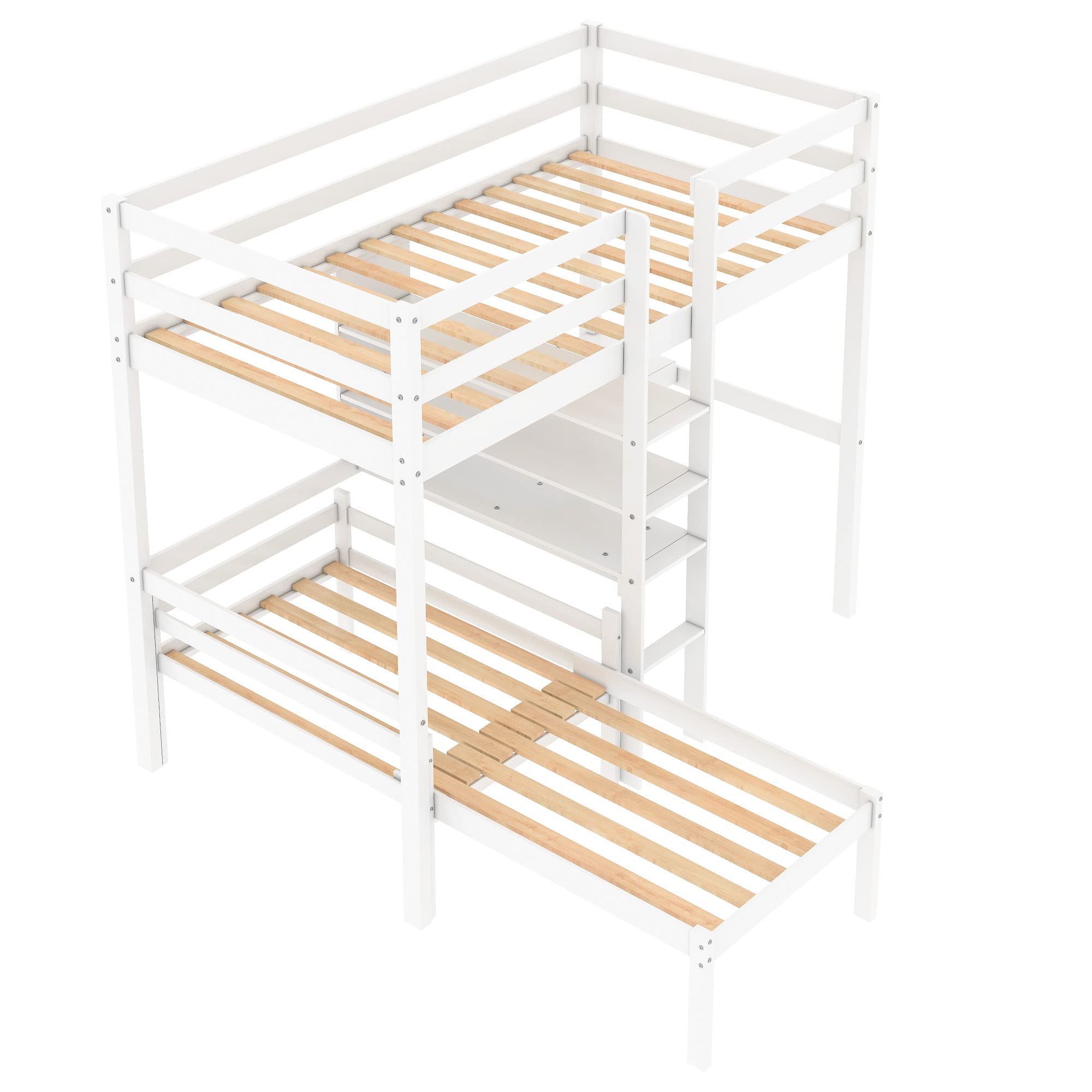 MERITLINE Twin Loft Bed with Desk and Bookshelf,Twin Bunk Bed Frame,Convertible Wooden Loft Bed Frame for Kids Teens Girls Boys, No Box Spring Needed,White