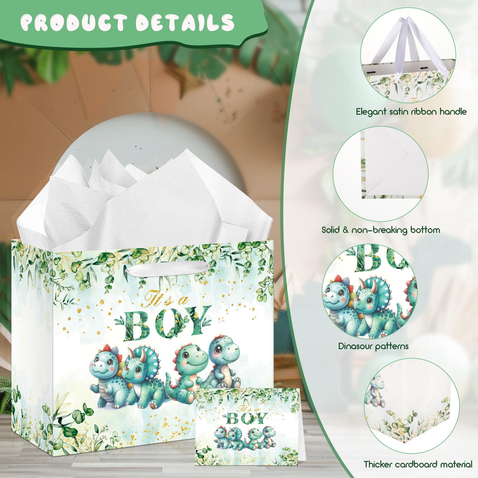 Baby Shower Decoration Gift Bags for Boys It's a BOY Dinosaur Gift Bag with Greeting Card and Tissue Paper for Baby Shower Birthday Wrapping Paper Bag for Newborn Dinosaur Birthday Party Supplies