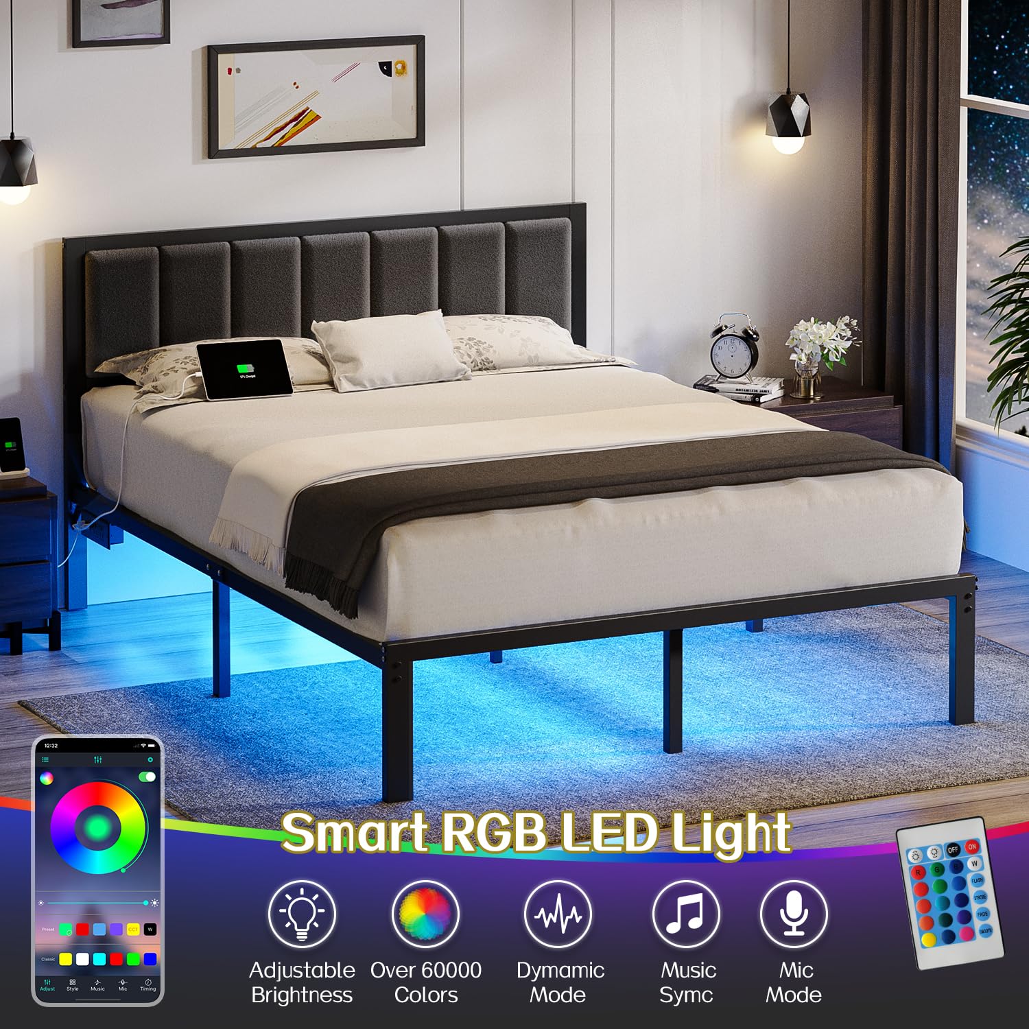 OLEVS Queen Bed Frame with Headboard Metal Platform Bed Queen Size with USB Charging Station and LED Lights, No Box Spring Needed