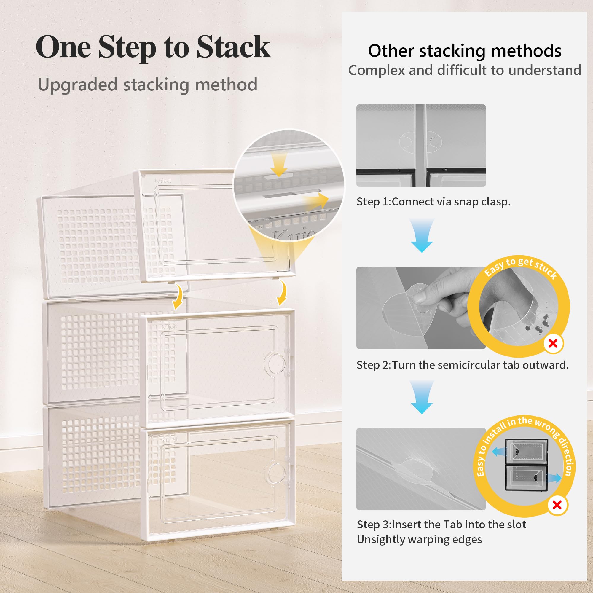 Kuject X-Large Shoe Storage Boxes Organizers Clear Plastic Stackable 6 Pack, Shoe Rack & Holder Substitute, Sneaker Containers, Toy Storage Organizer Bins for Entryway, Closet, Under Bed, White