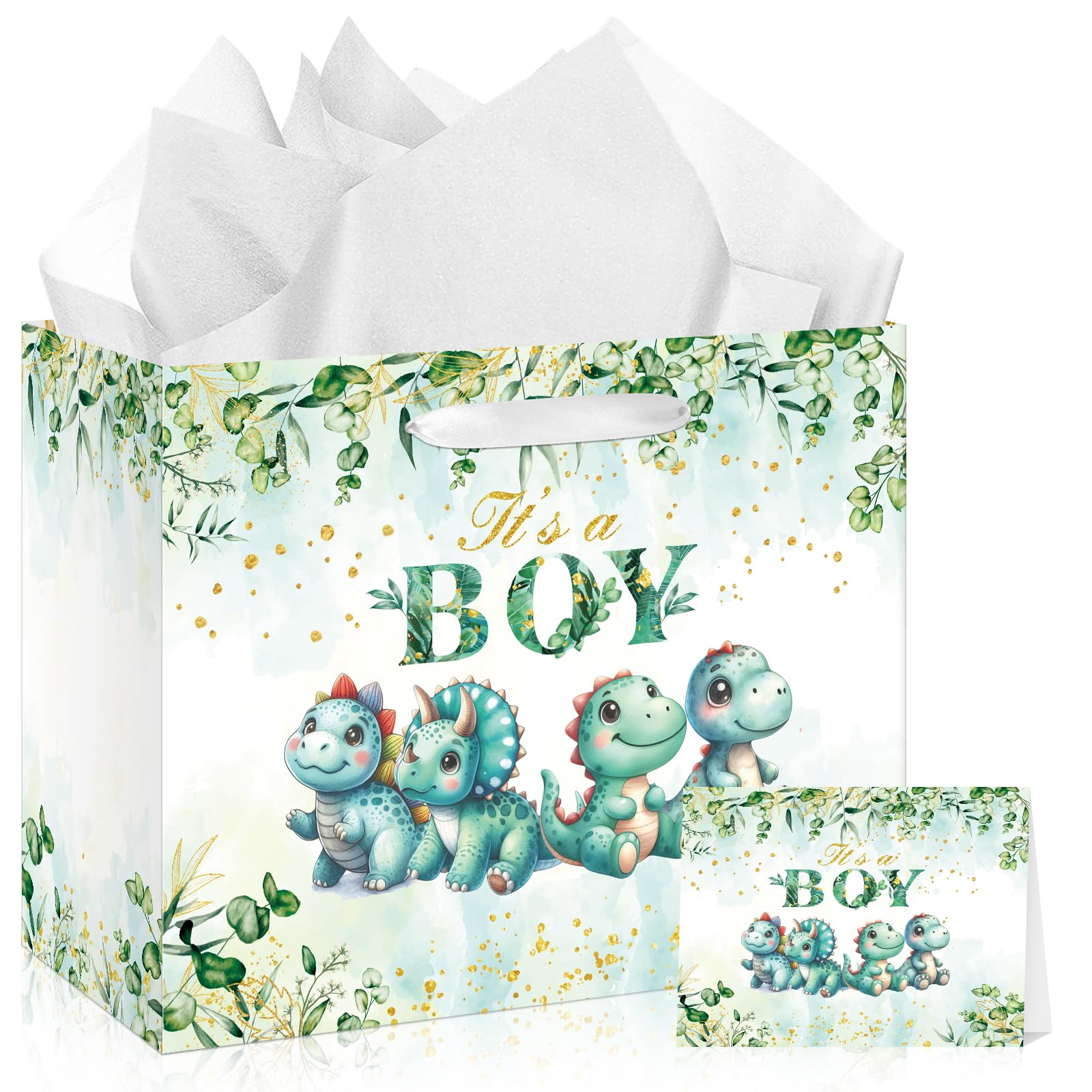 Baby Shower Decoration Gift Bags for Boys It's a BOY Dinosaur Gift Bag with Greeting Card and Tissue Paper for Baby Shower Birthday Wrapping Paper Bag for Newborn Dinosaur Birthday Party Supplies