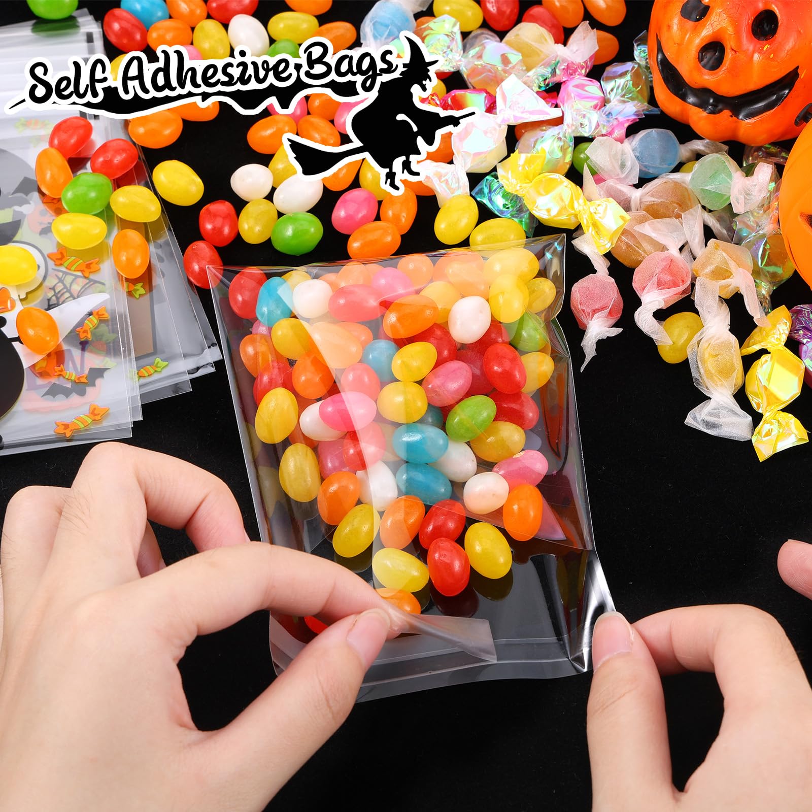 Joottuan 320 Pcs Halloween Treat Bag Clear Self Adhesive Cellophane Bags Cookie Bags Plastic Candy Bags for Party Favors Supplies