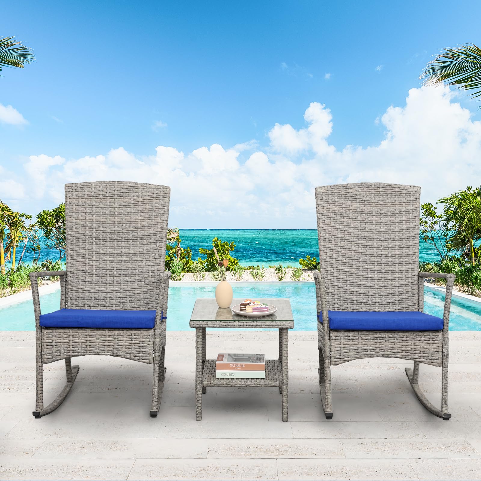 Rocking Chair Outdoor 3 Pieces High-Backed Patio Rocking Chairs Bistro Table and Chairs Set of 2 Outdoor Table and Chairs Anti-Slip Cushions, Dark Blue