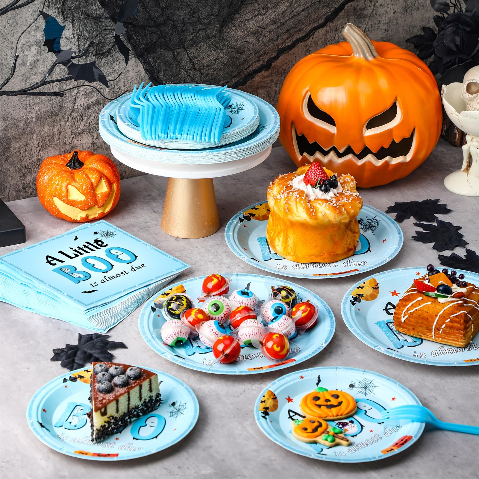 Havawish 96 Pcs Little Boo Is Almost Due Decorations Halloween Baby Shower Tableware Party Supplies Ghost Paper Plates Napkins Forks Set for Halloween Themed Baby Shower Party Favor (Blue,Classic)