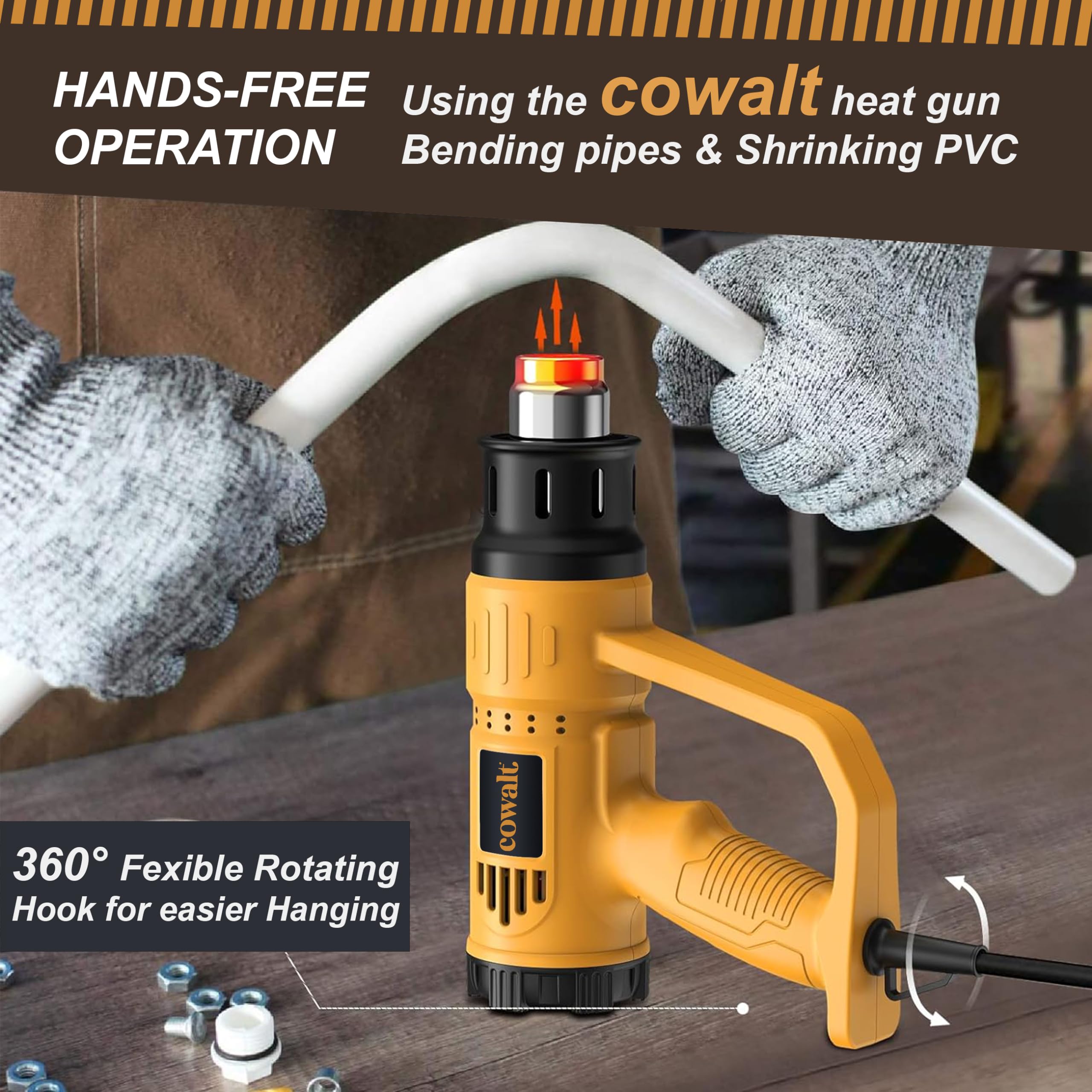 COWALT Heat Gun 1800W Fast Heating for Vinyl Wrap, Crafting, Shrink Tubing, Paint, Epoxy Resin, Candle Making Variable, Adjustable Temperature, Overload Protection Hot Air Gun Kit Nozzles, Scraper