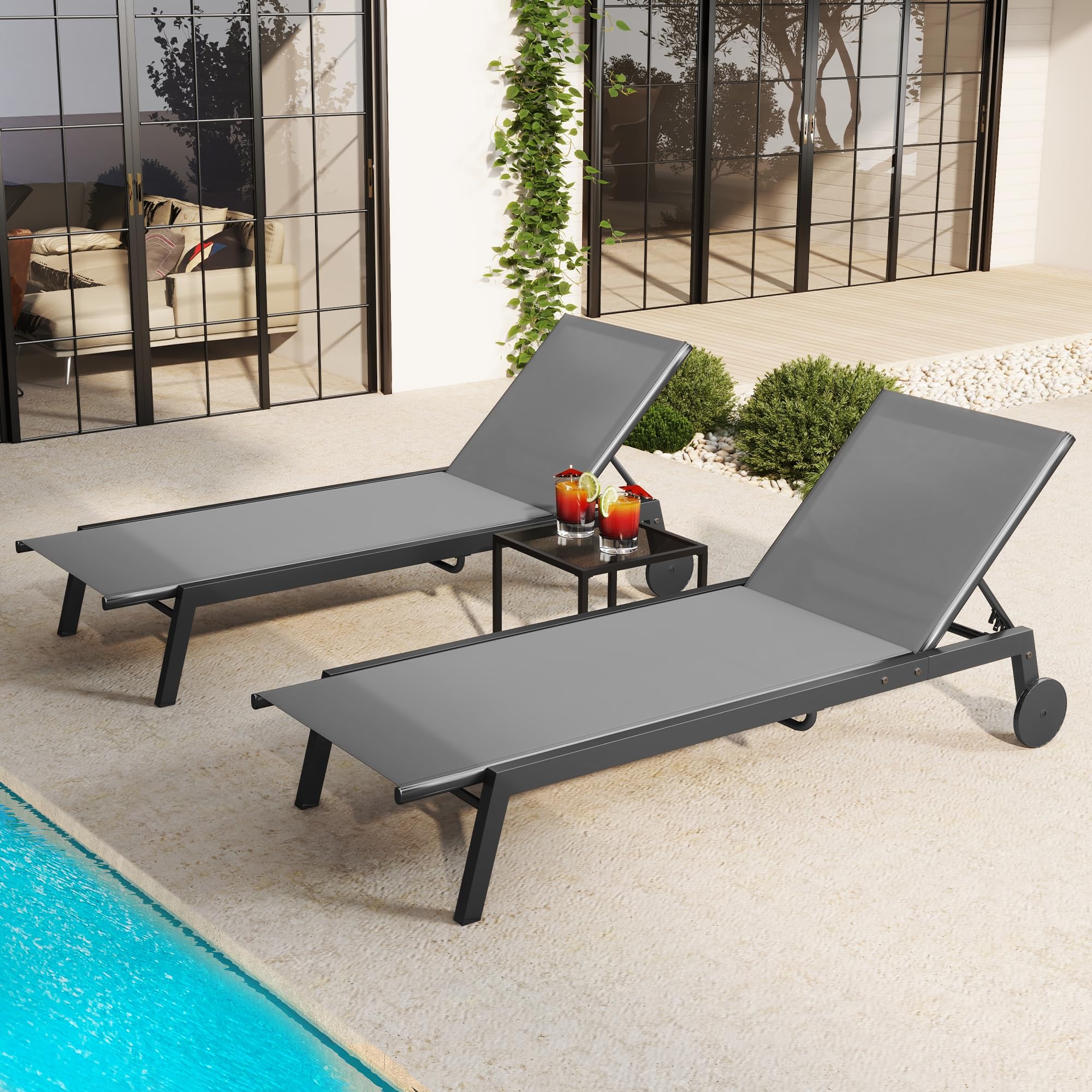 YITAHOME Patio Chaise Lounge Set of 3, Outdoor Lounge Chairs with Side Table, Adjustable Backrest Poolside Loungers with Wheels for Pool Beach Patio Lawn Porch - Grey