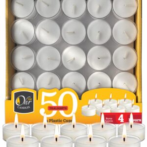 Ohr Tealight Candles in Clear Cup - 50 Pack Bulk Tea Lights Candles - White Tealights Unscented - 4 Hour Burn Time