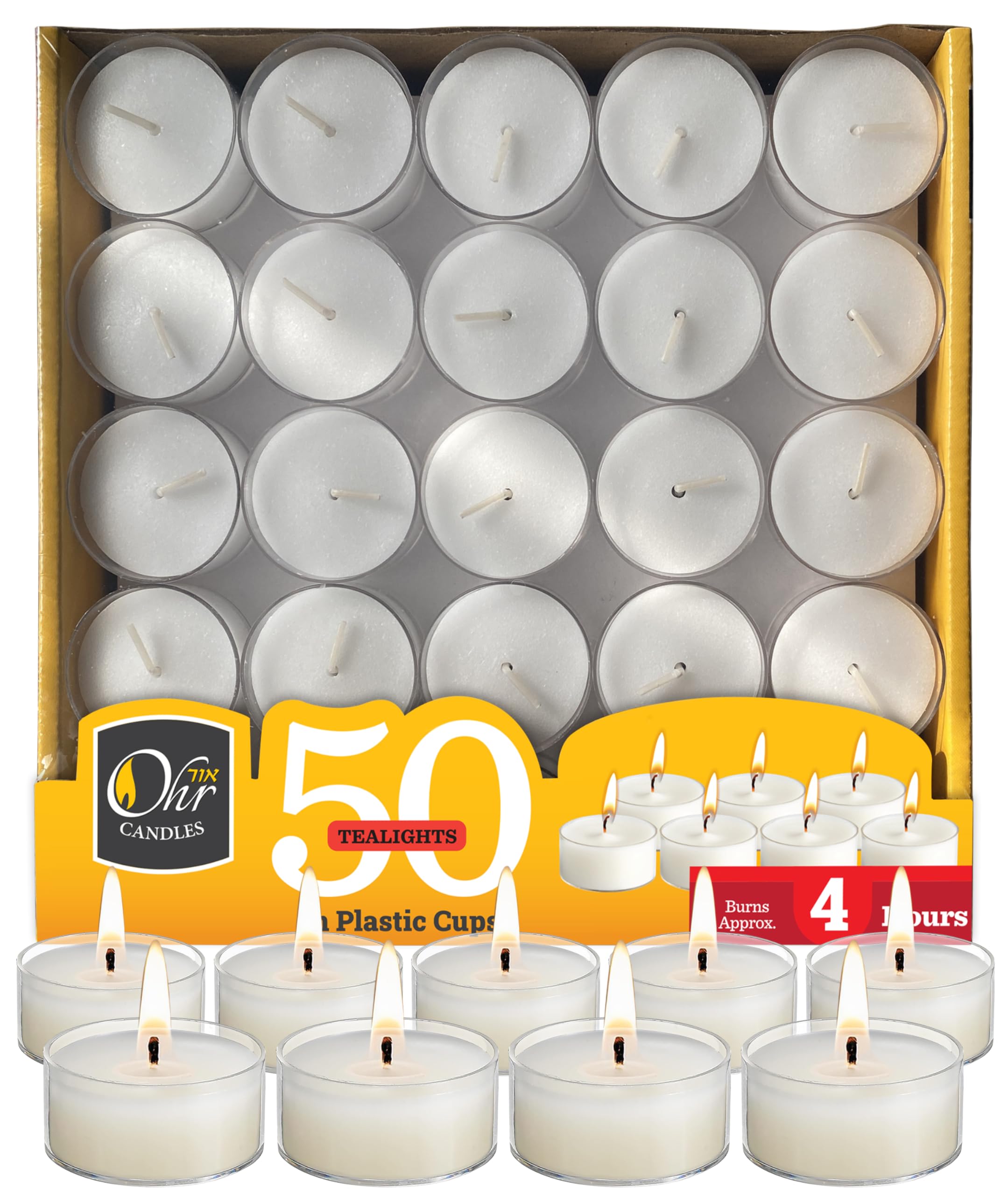 Ohr Tealight Candles in Clear Cup - 50 Pack Bulk Tea Lights Candles - White Tealights Unscented - 4 Hour Burn Time