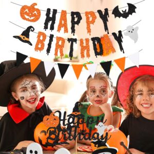 Glitter Halloween Birthday Banner Party Decorations Fall Pumpkin Happy Birthday Banner with Fall Halloween Birthday Cake Toppers for Hocus Pocus Halloween Fall Birthday Decorations Supplies