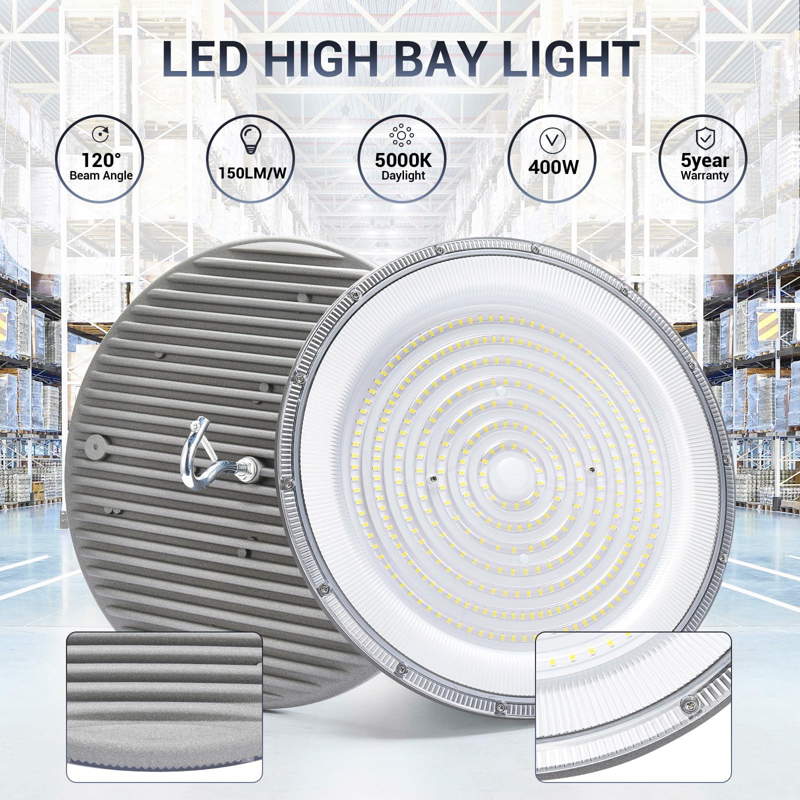 XYCN 6 Pack 400W UFO Led High Bay Light,100-277v,5000K Daylight Commercial Bay Lighting,IP66 Waterproof,61050LM,1750W MH/HPS With Plug Area Lighting For Warehouse/Shop/Workshop/Garage/Barn/Gym/Factory