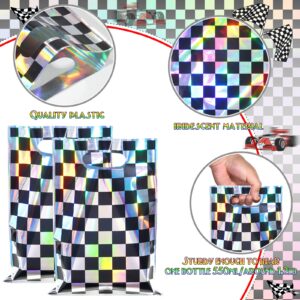 50 Pcs Iridescent Checkered Race Car Party Favor Bags, Plastic Black and Iridescent Car Goodie Treat Bags, Racecar Laser Plaid Candy Gift Bags for Kids Fast Race Car Birthday Party Decorations