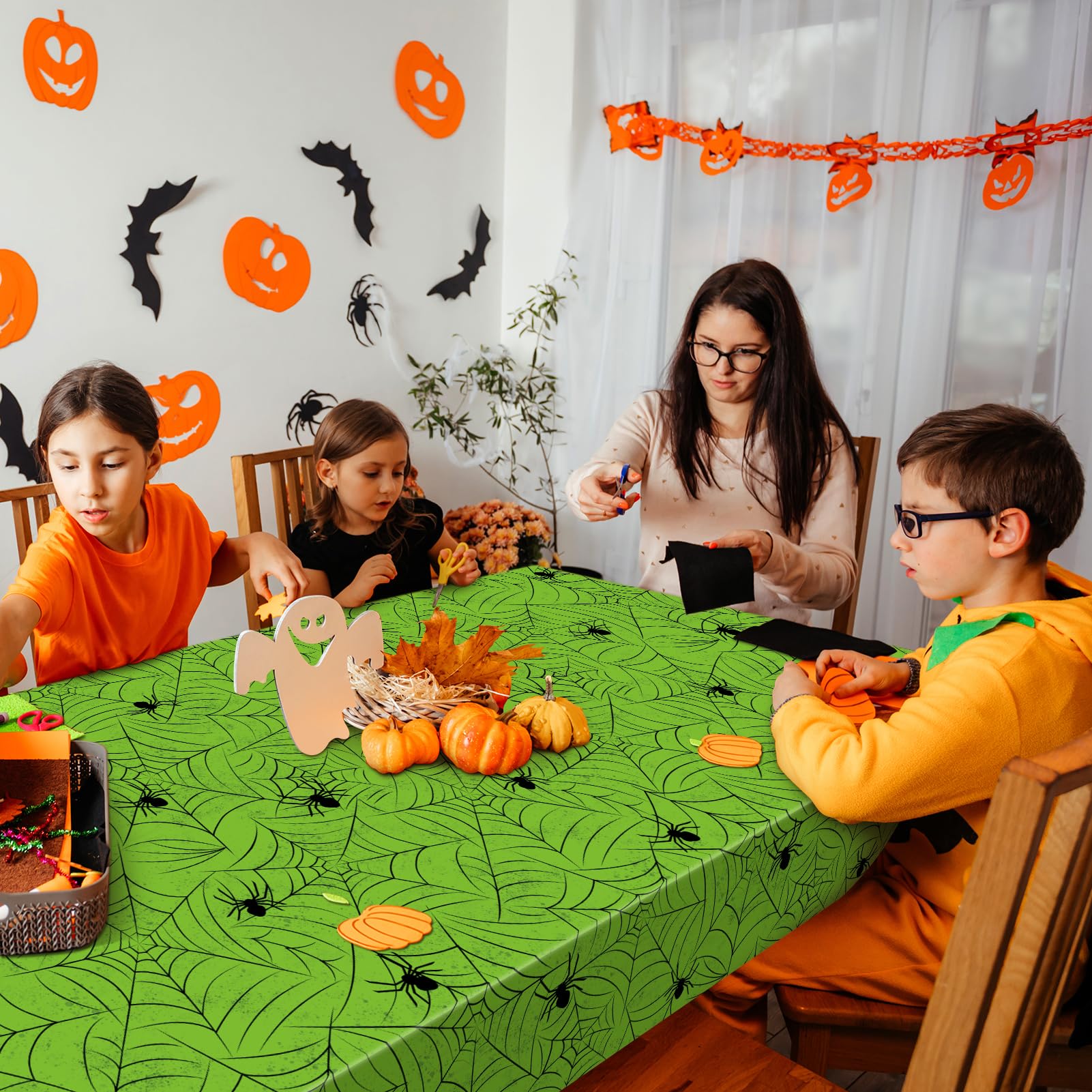 TREWAVE 3 Pack Halloween Spiderweb Tablecloth Rectangular Plastic Spider Web Table Cloth Large Size Table Covers for Home Decor Halloween Party Decorations 54" x 108" (Green)