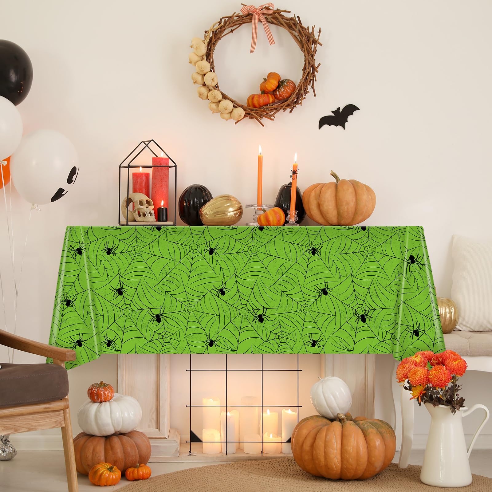 TREWAVE 3 Pack Halloween Spiderweb Tablecloth Rectangular Plastic Spider Web Table Cloth Large Size Table Covers for Home Decor Halloween Party Decorations 54" x 108" (Green)