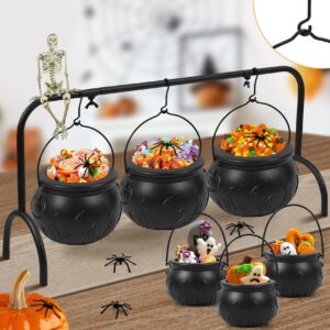 set of 6 halloween witches cauldron serving candy bowls with iron rack upgrade hooks black plastic punch bucket spiders for halloween party decorations indoor outdoor home table decor supplies