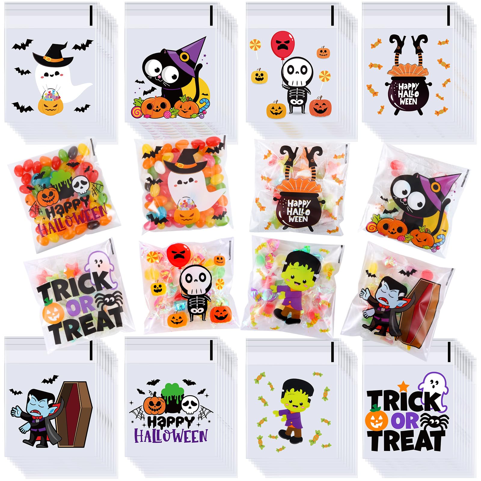 Joottuan 320 Pcs Halloween Treat Bag Clear Self Adhesive Cellophane Bags Cookie Bags Plastic Candy Bags for Party Favors Supplies