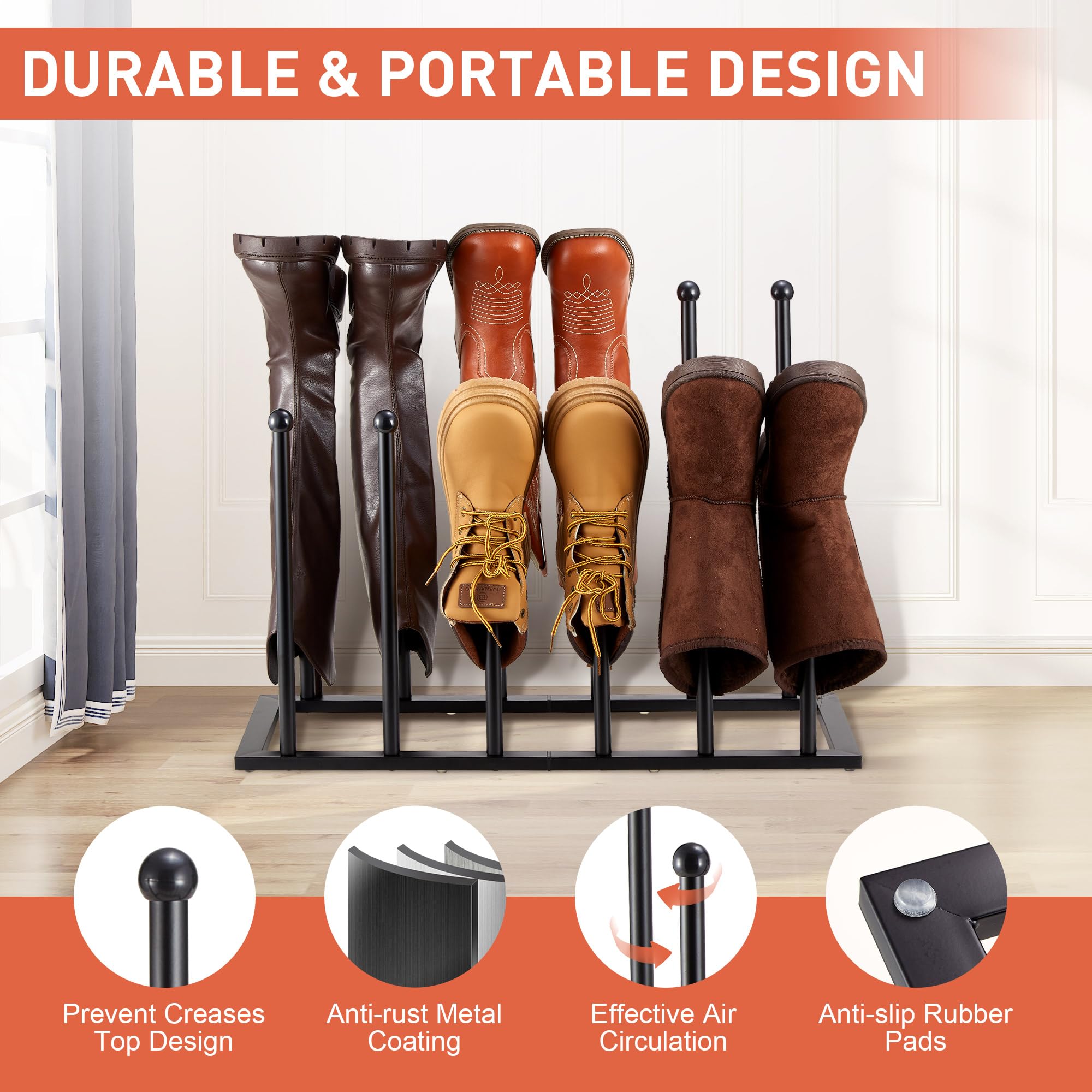 Housen Solutions Boot Rack, Free Standing Metal Shoe Racks Organizer for Tall Boots, 6 Pairs Black Shoes Boot Holder for Knee-High, Hiking, Rain Boot, Working Boot in Closet, Entryway, Garage