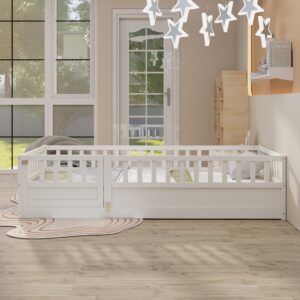 ECKF Twin Size Montessori Floor Bed with High Fence, Door and Slats, Wood Kids Bed Twin Size, Floor-Bed-Frame for Bedroom, Toddlers, Boys Girls, Kids Playroom (White, Twin)