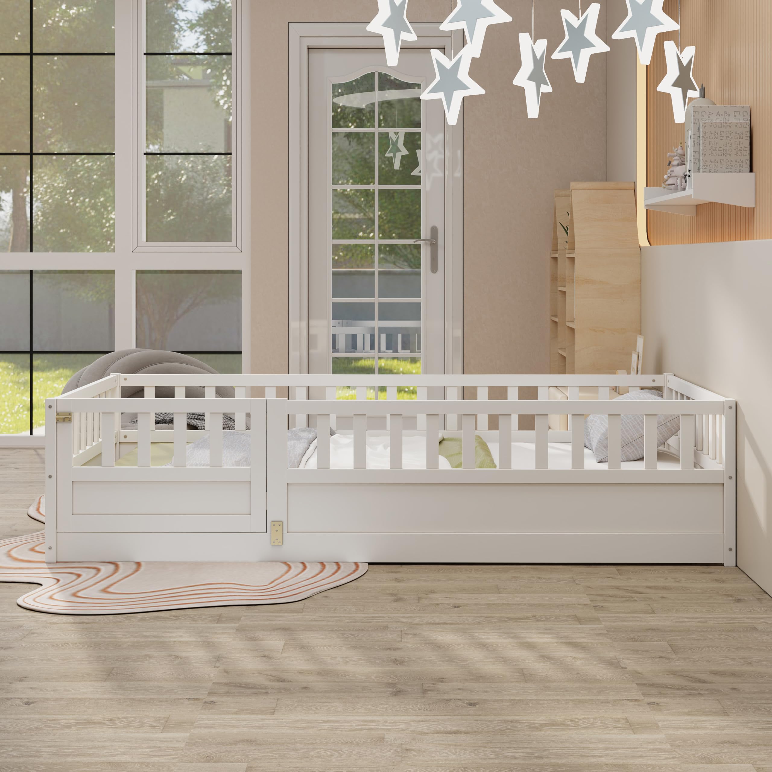 ECKF Twin Size Montessori Floor Bed with High Fence, Door and Slats, Wood Kids Bed Twin Size, Floor-Bed-Frame for Bedroom, Toddlers, Boys Girls, Kids Playroom (White, Twin)