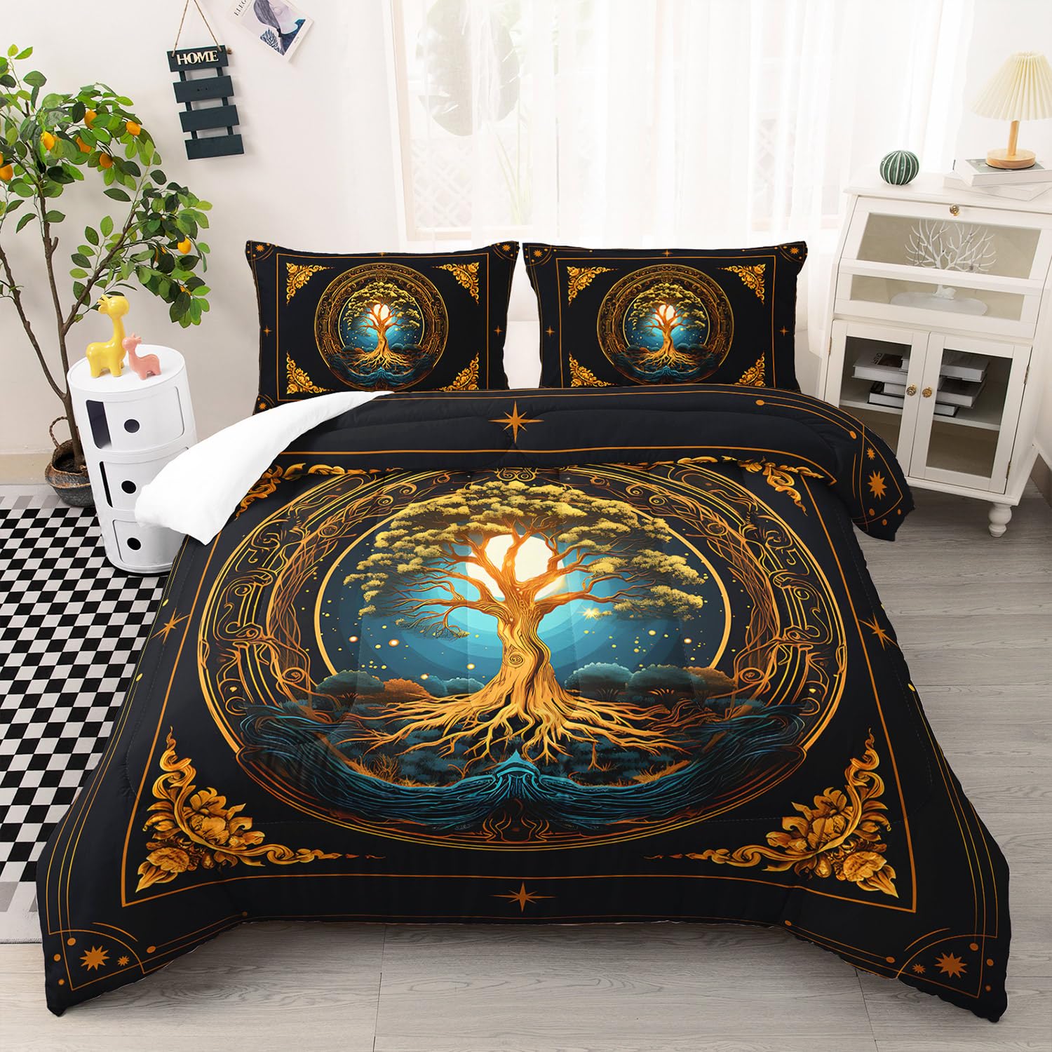 AILONEN Tree of Life Comforter Set Queen Size, Retro Golden Pattern Moon Tree Bedding Set for Room Decor,Soft Bohemian Sparkling Tree Duvet Set,1 Quilt and 2 Pillowcases,3-Piece