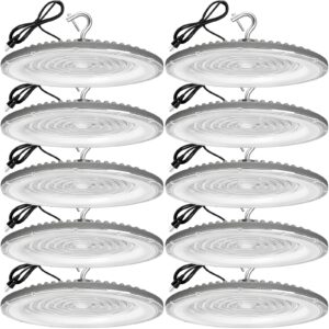 xycn 10 pack 250w ufo led high bay light,120vac,5000k daylight commercial bay lighting,ip66 waterproof,41050lm,1150w mh/hps with plug area light for warehouse/shop/workshop/garage/barn/gym/factory