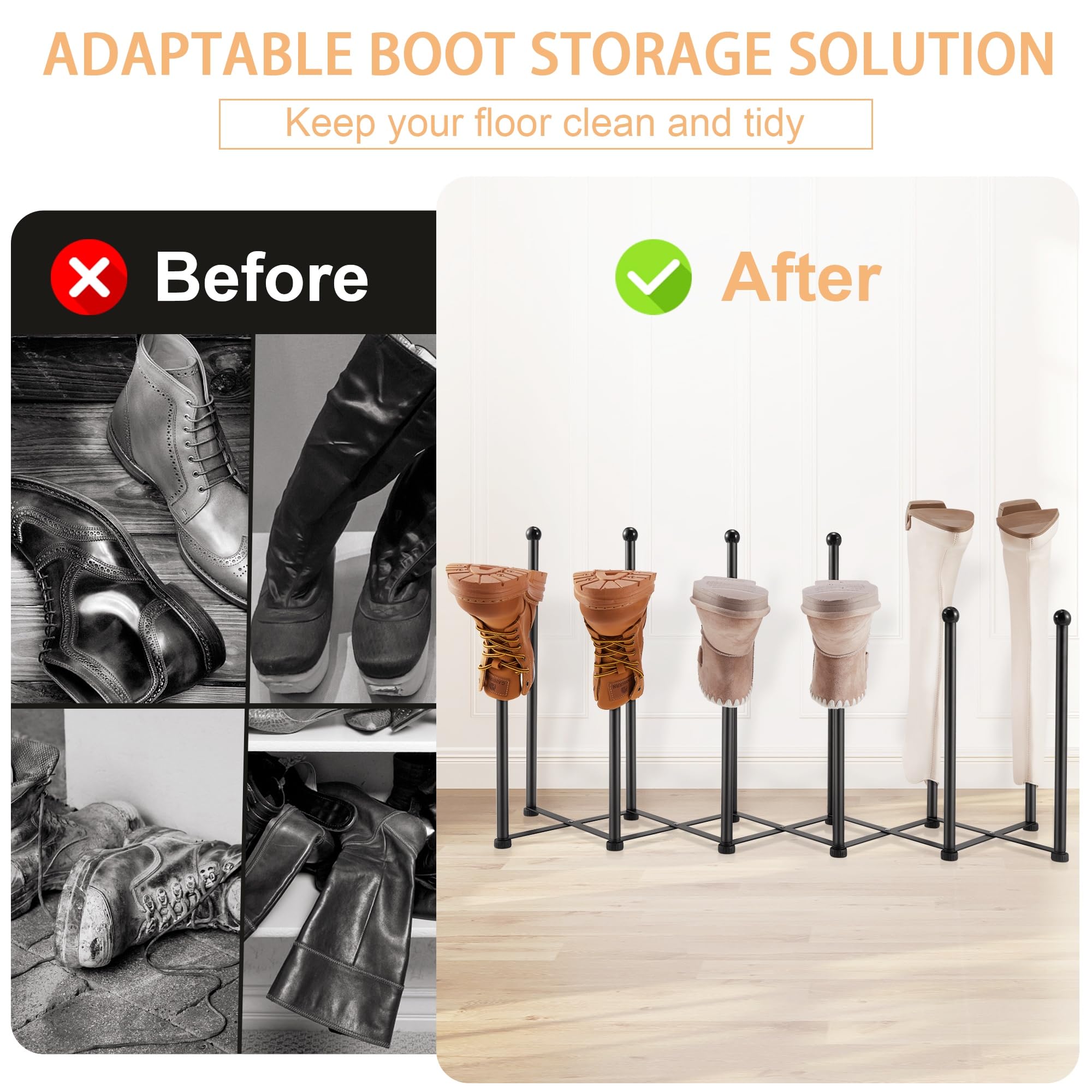 Housen Solutions Boot Rack, Foldable Boot Rack Organizer Tall Boots for Closet, Front Door Entrance, Porch, Garage, Black Metal Expandable Free Standing Cowboy Shoe Boots Holder for 6 Pairs