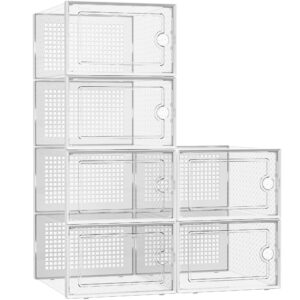 kuject x-large shoe storage boxes organizers clear plastic stackable 6 pack, shoe rack & holder substitute, sneaker containers, toy storage organizer bins for entryway, closet, under bed, white