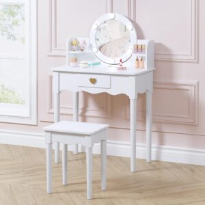 utex kids vanity, girls vanity set with mirror and stool and lights, pretend play kids vanity table and chair set,wooden princess makeup desk dressing table, white