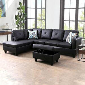 dyncan 3-piece faux leather corner sectional couch, upholstered modular sofas with storage ottoman & chaise lounge, large l-shaped living room sets, modern 5 seater deep seat w/left armrest (black)