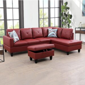 dyncan 3-piece faux leather sectional couch, modern 5 seater corner sofa upholstered modular sofas with chaise lounge and storage ottoman, large l-shaped living room sets w/right armrest (red)