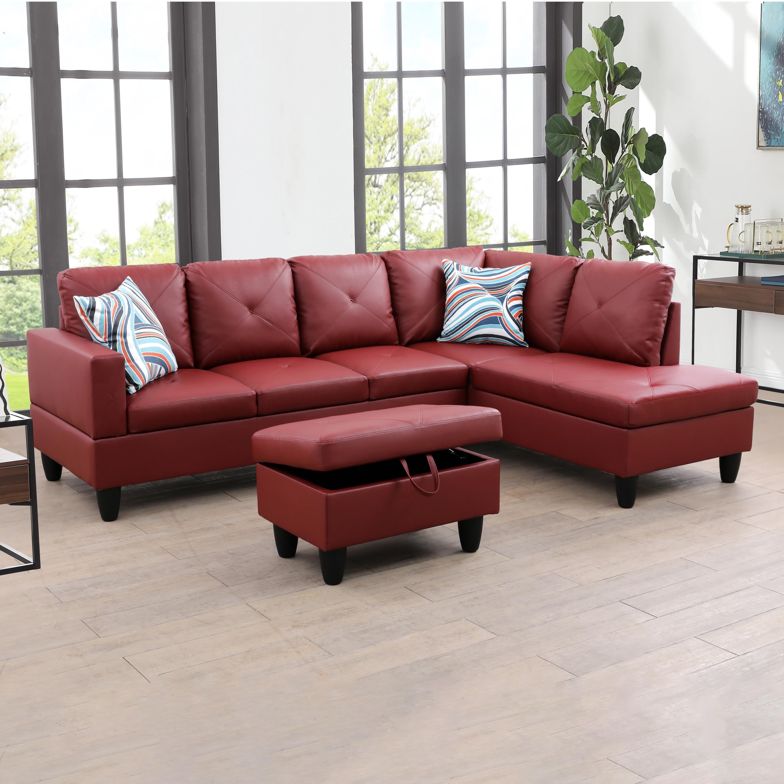 Dyncan 3-Piece Faux Leather Sectional Couch, Modern 5 Seater Corner Sofa Upholstered Modular Sofas with Chaise Lounge and Storage Ottoman, Large L-Shaped Living Room Sets w/Right Armrest (Red)