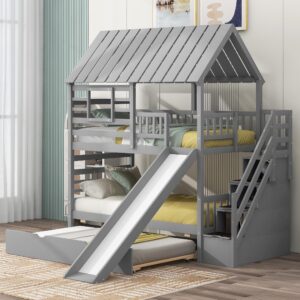 bovza stairway house bunk bed twin over twin with trundle and slide, wooden bunk bed frame with storage stairs, roof and window design, for kids girls boys, gray